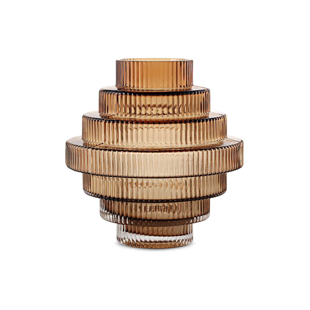 Ribbed Layered Wide Glass Vase-Medium-Amber – Escape to Paradise