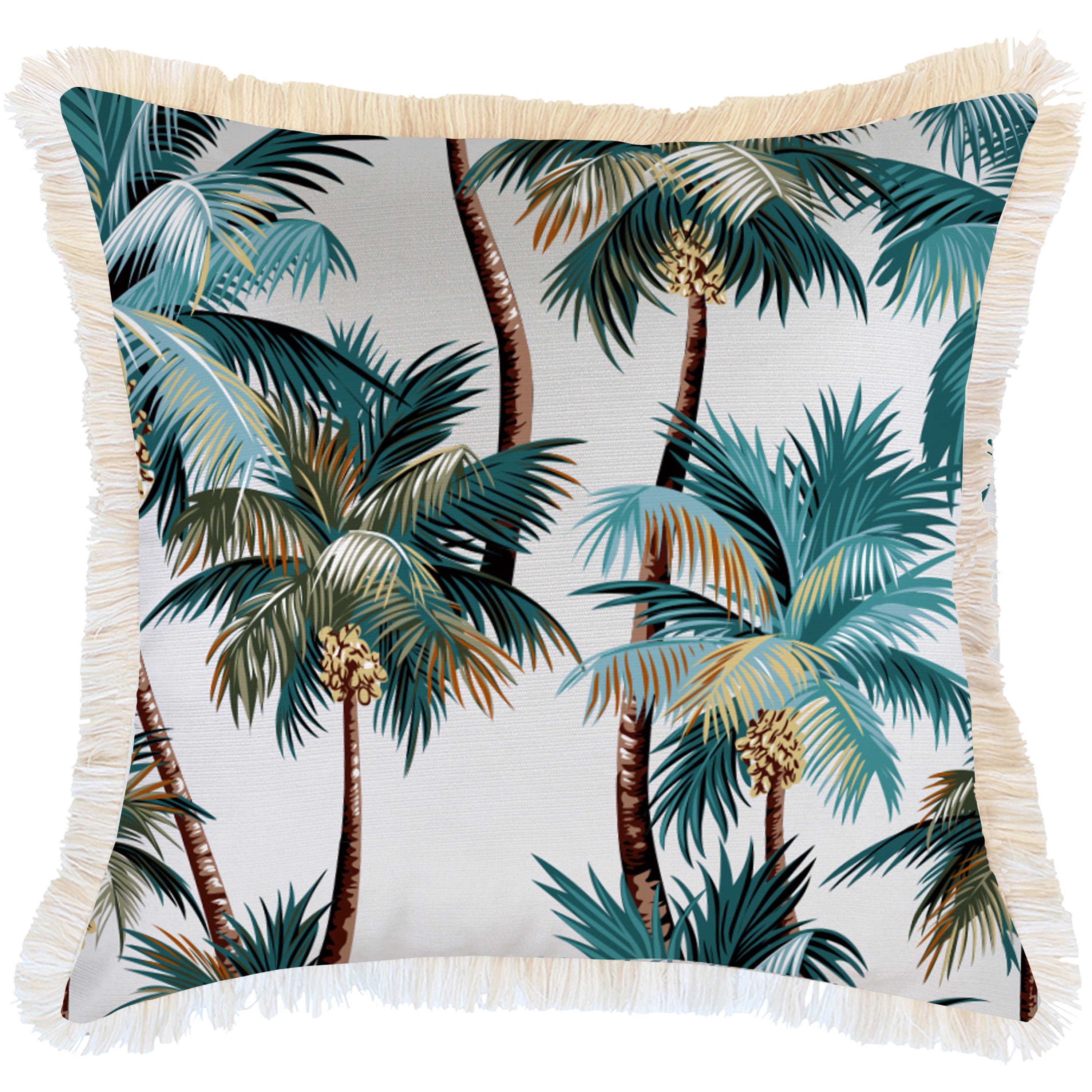 Fringed Cushion Cover Coastal Palm Trees White 60cm x 60cm – Escape to ...